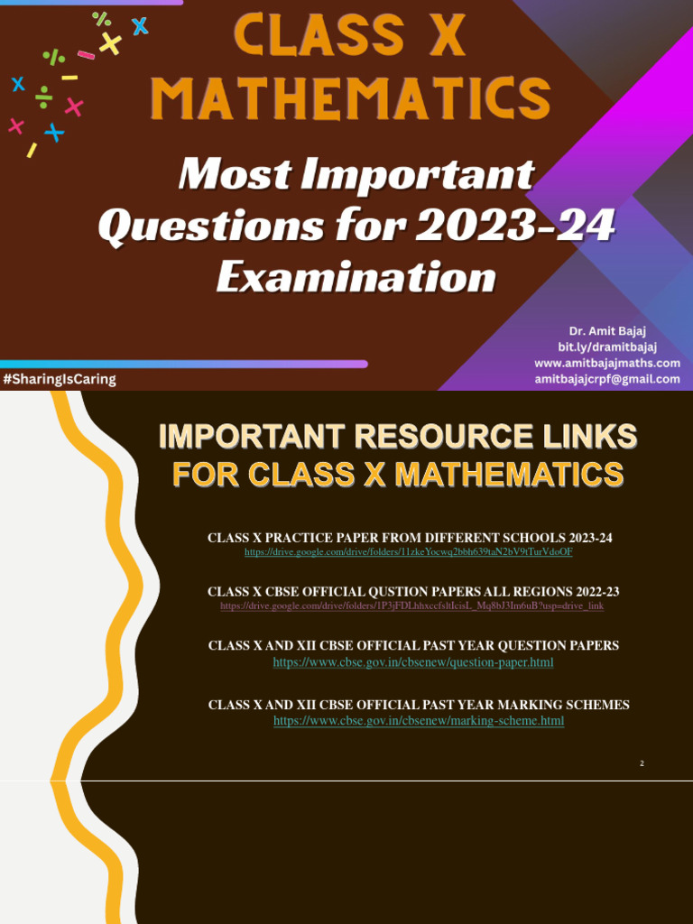 Class X Maths Important Questions 2023-24 (Dr. Amit Bajaj) | Download Free PDF | Area | Equations