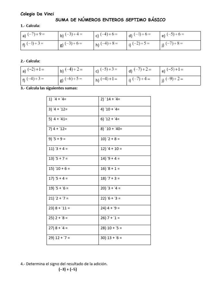 Suma de Numeros Enteros Septimo Basico 2024 | PDF