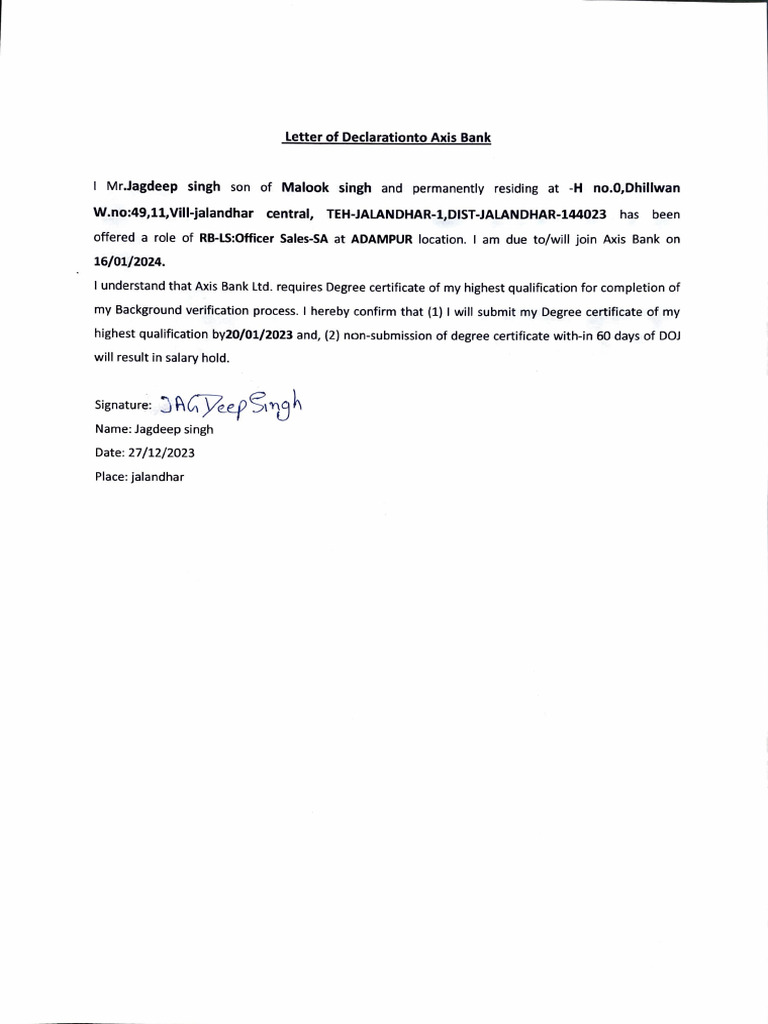 Letter of Decleration | PDF