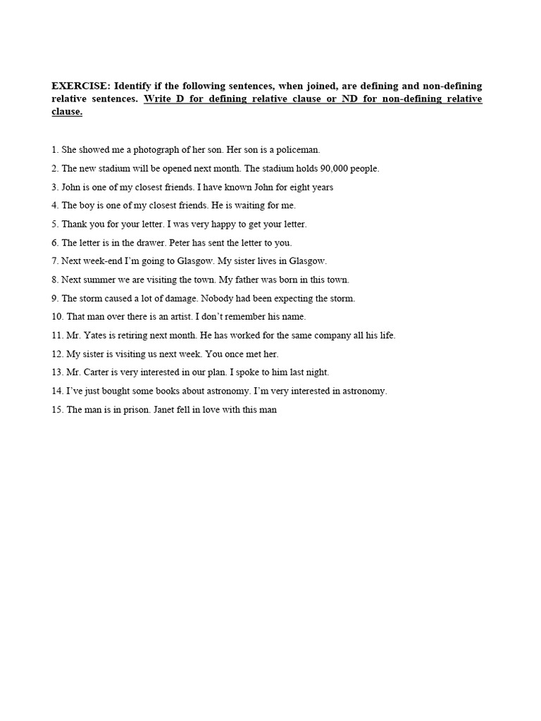 EXERCISES IDENTIFYING DEFINING NON DEFINING RELATIVE CLAUSES | PDF EXERCISES IDENTIFYING DEFINING NON DEFINING RELATIVE CLAUSES | PDF