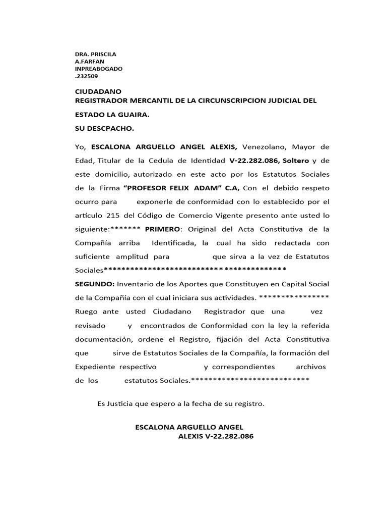 Constitución de la Compañía "Profesor Félix Adam" C.A. | PDF ...