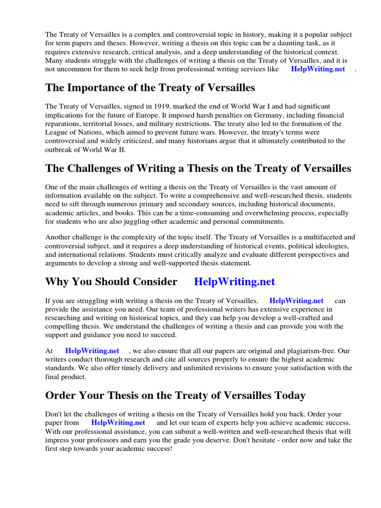 Treaty of Versailles Term Paper | PDF | Treaty Of Versailles | World ...