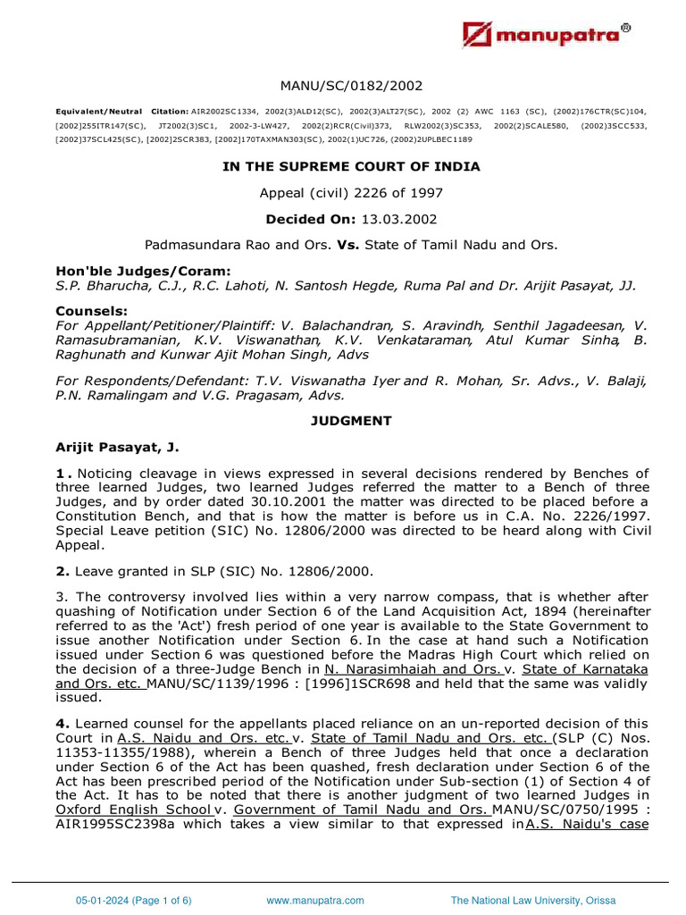Padmasundara Rao and Ors Vs State of Tamil Nadu ans020182COM814133 | PDF | Judgment (Law ...