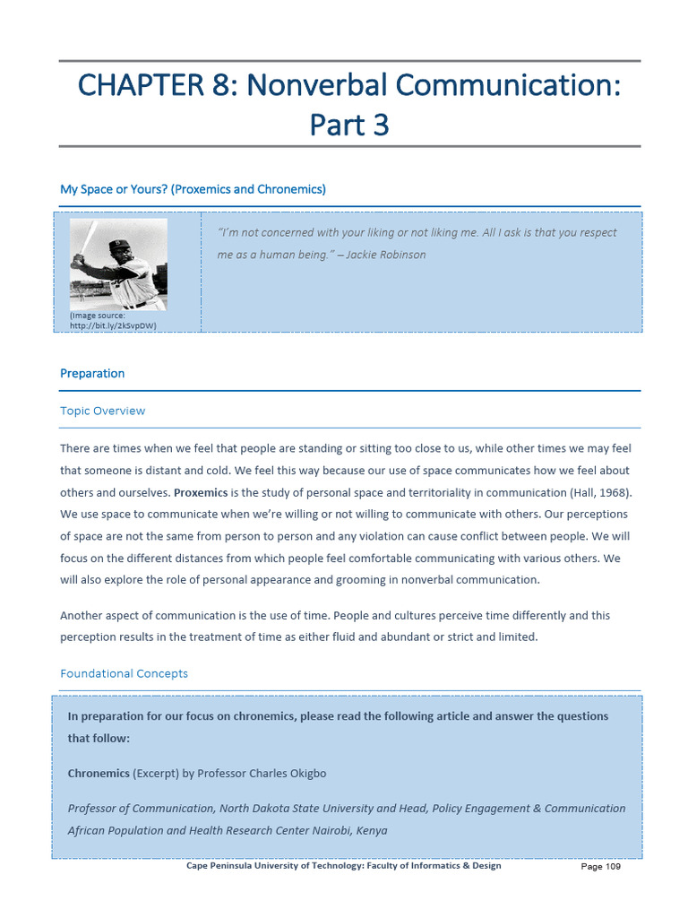 C CHAPTER 8: Nonverbal Communication:: My Space or Yours? (Proxemics ...