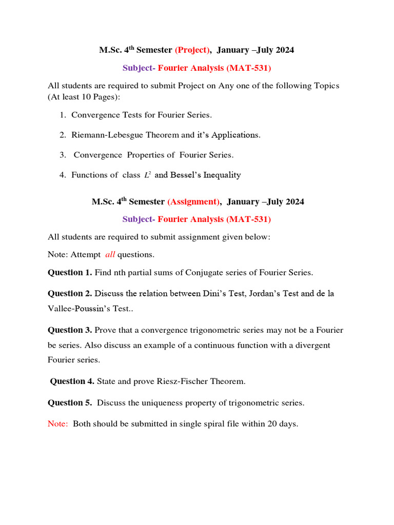 Project & Assignment M.sc. IV Sem Fourier Analysis | PDF