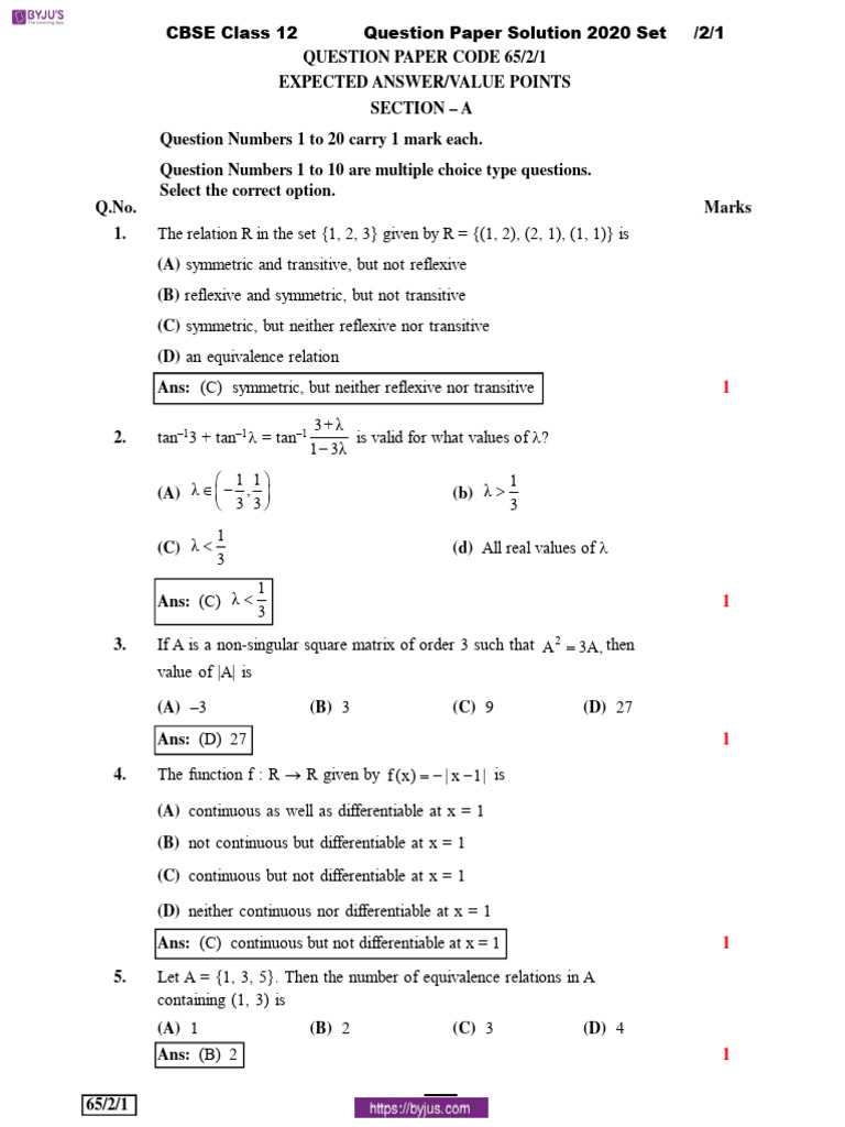 CBSE-Class-12-Maths-Question-Paper-Solution-2020-Set-65-2-1 2 | PDF ...