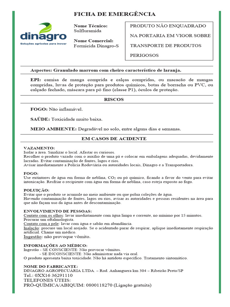 Ficha de Emergência: Formicida Dinagro-S | PDF