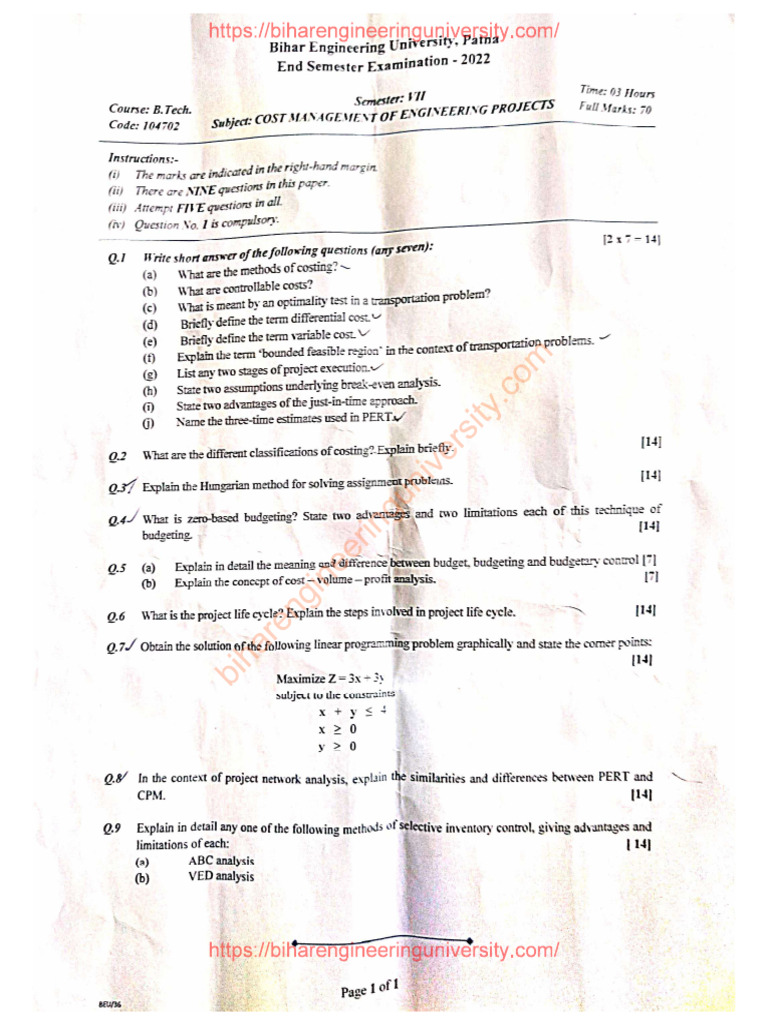 BEU PYQ 7 SEM ECE Cost Management Engineering Projects 104702 2022 | PDF