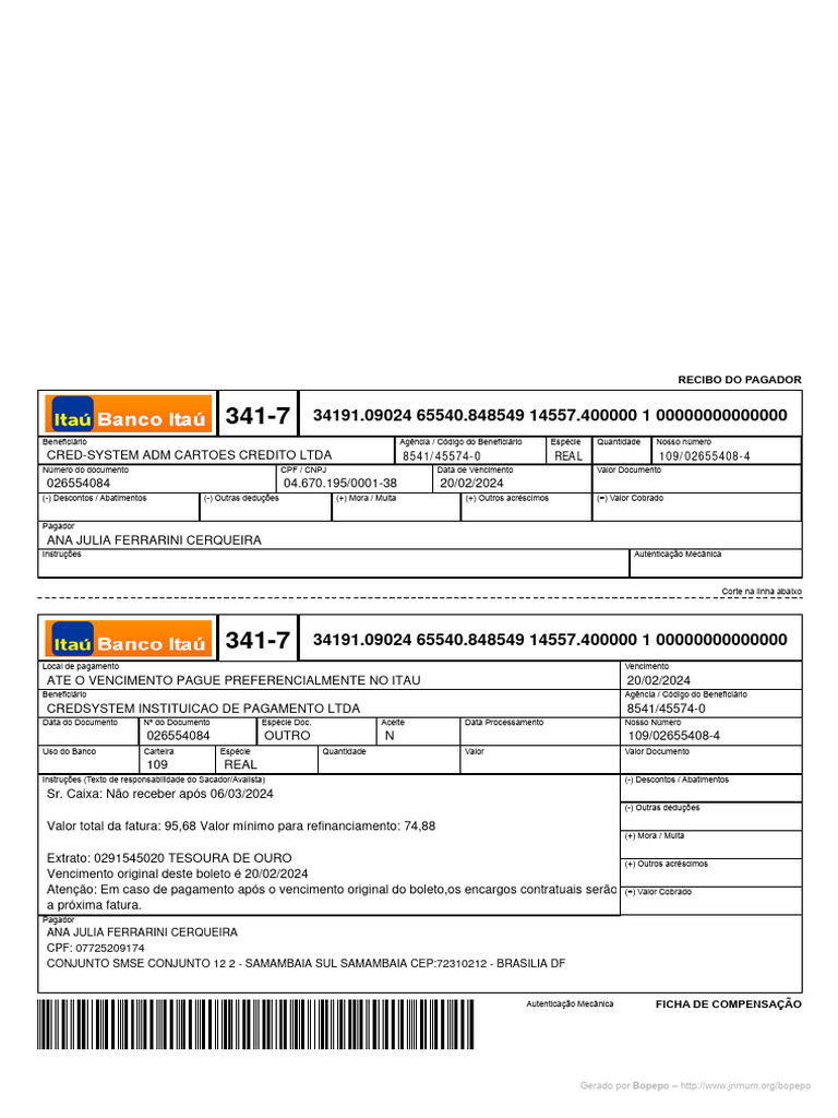 Recibo Do Pagador: Ana Julia Ferrarini Cerqueira CPF: 07725209174 | PDF ...