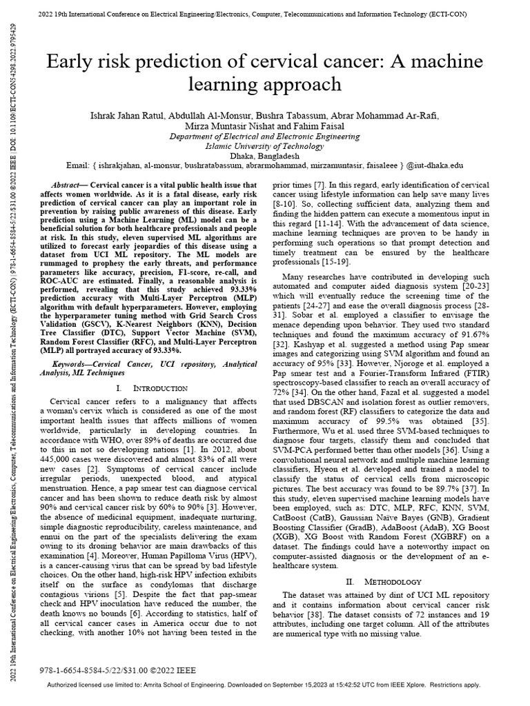 Early Risk Prediction of Cervical Cancer A Machine Learning Approach | PDF | Machine Learning ...