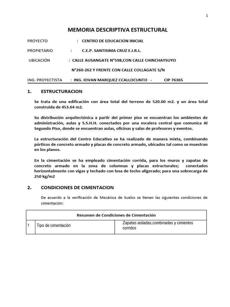 Memoria Descriptiva Estructuras | PDF | Fundación (Ingeniería) | Elementos arquitectónicos