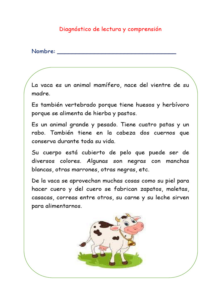 Diagnóstico de Lectura y Comprensión La Vaca | PDF