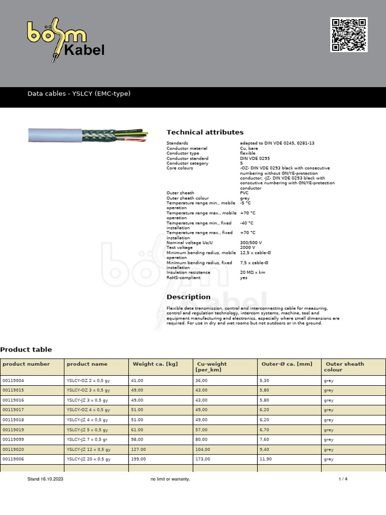 CABLE CONTROL APANTALLADO BOHM KABEL - YSLCY-JZ Gris 1 | PDF ...