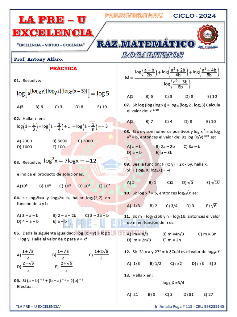 11.LOGARITMOS - PREUNIVERSITARIO | PDF | Matemáticas | Objetos matemáticos