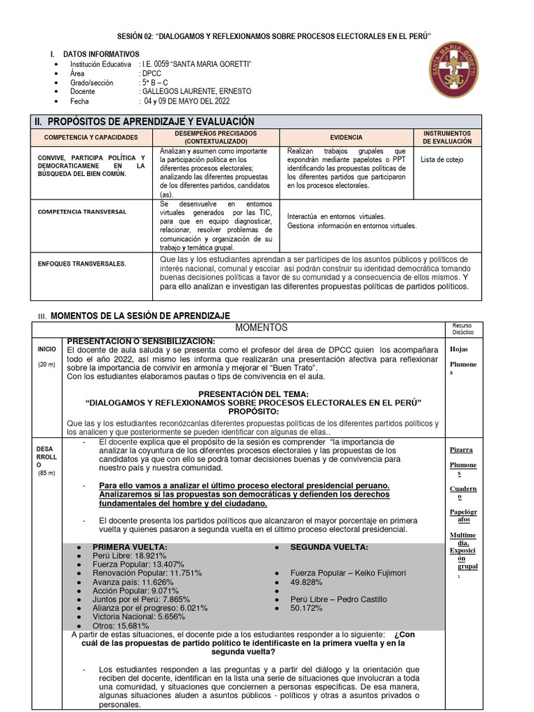 SESION DE APRENDIZAJE #II DPCC 5to B - C. 10 de Mayo y 12 de Mayo | Descargar gratis PDF ...