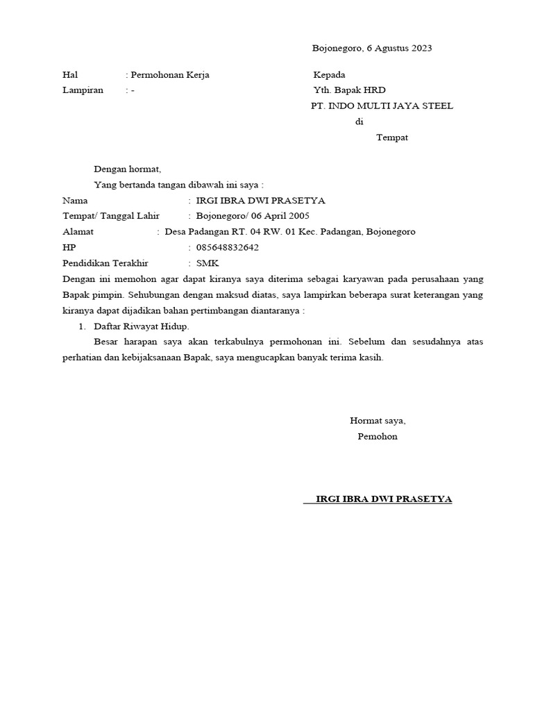 Permohonan Kerja Irgi Ibra Dwi Prasetya | PDF