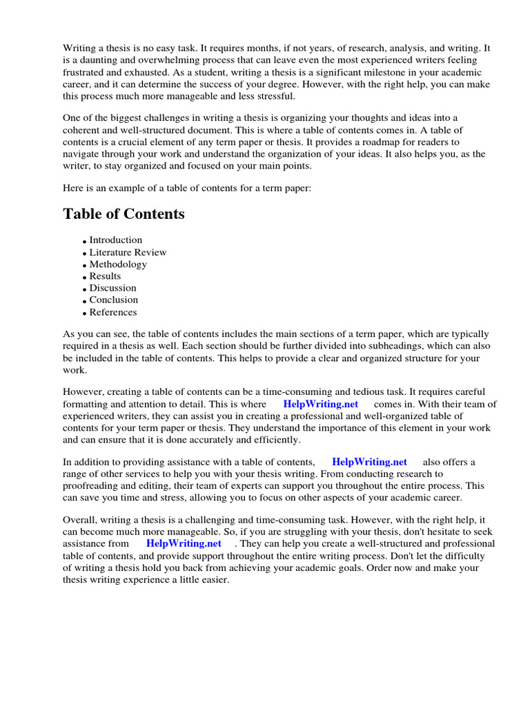 Table of Contents Example For Term Paper | PDF | Apa Style | Table Of ...