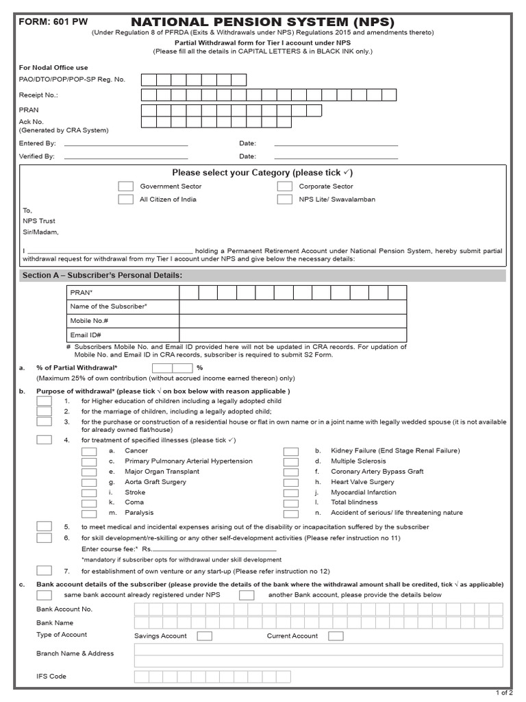 Partial Withdrawal Form For Tier I Account Under NPS | PDF