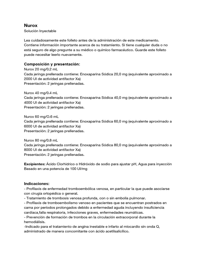 Indicaciones y dosis de Nurox 40 y 80 mg | PDF | Inyección (medicina ...