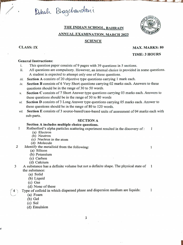 ISB Science Annual Exam - Class IX .Fa59334 | PDF