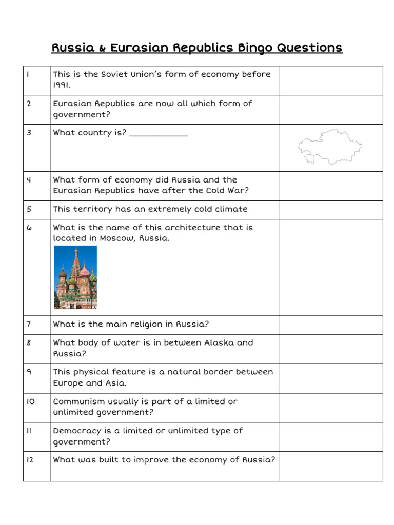 Russia & Eurasian Republics Bingo Questions | PDF | Russia | World Politics