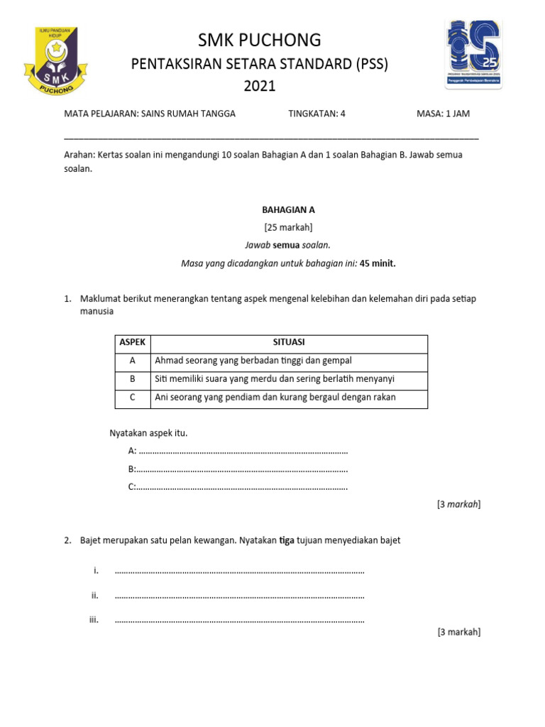 Soalan PSS (SRT Ting 4 2021) | PDF
