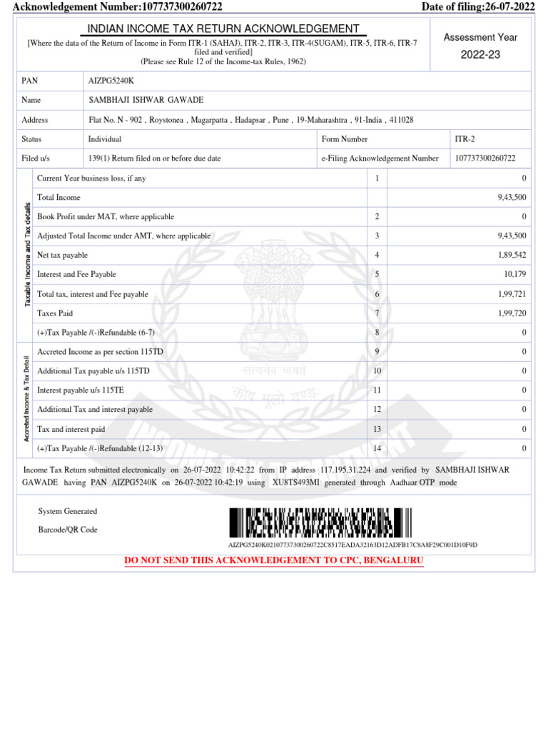 ITR 22-23 Sambhaji Gawade | PDF | Payments | Taxes