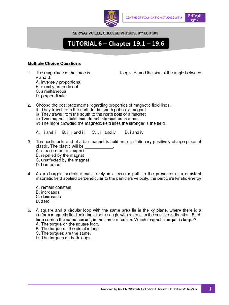 TUTORIAL 6 - Chapter 19.1 - 19.6: Multiple Choice Questions | PDF ...