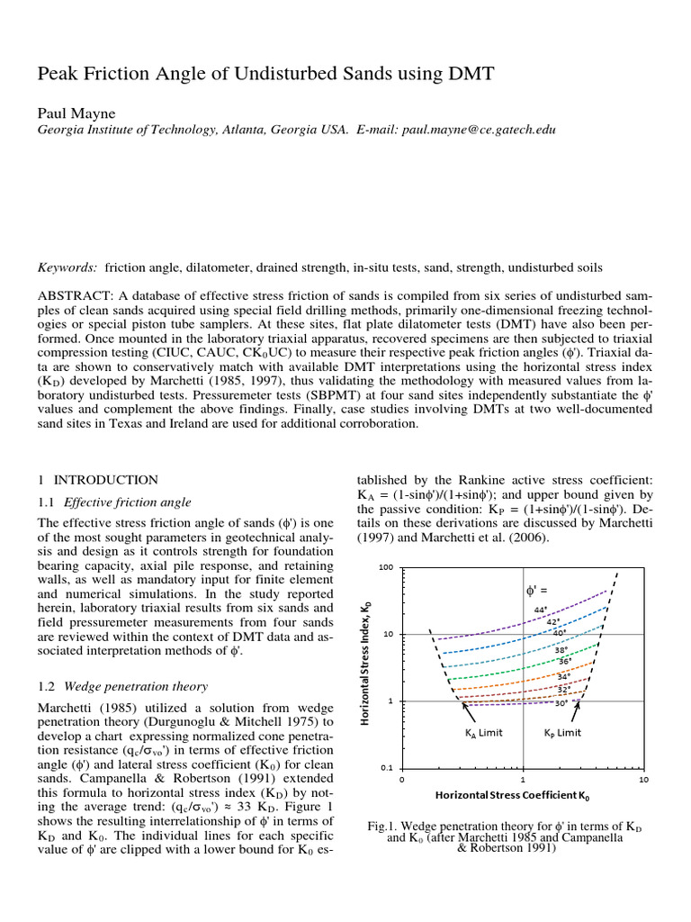 Peak Friction Angle of Undisturbed Sands Using DMT: Paul Mayne | PDF ...