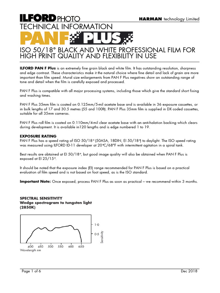 Ilford Pan 50 Plus | PDF | Film Speed | Exposure (Photography)