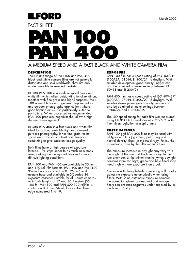 Ilford PAN 100 & 400 Film Guide | PDF | Exposure (Photography ...