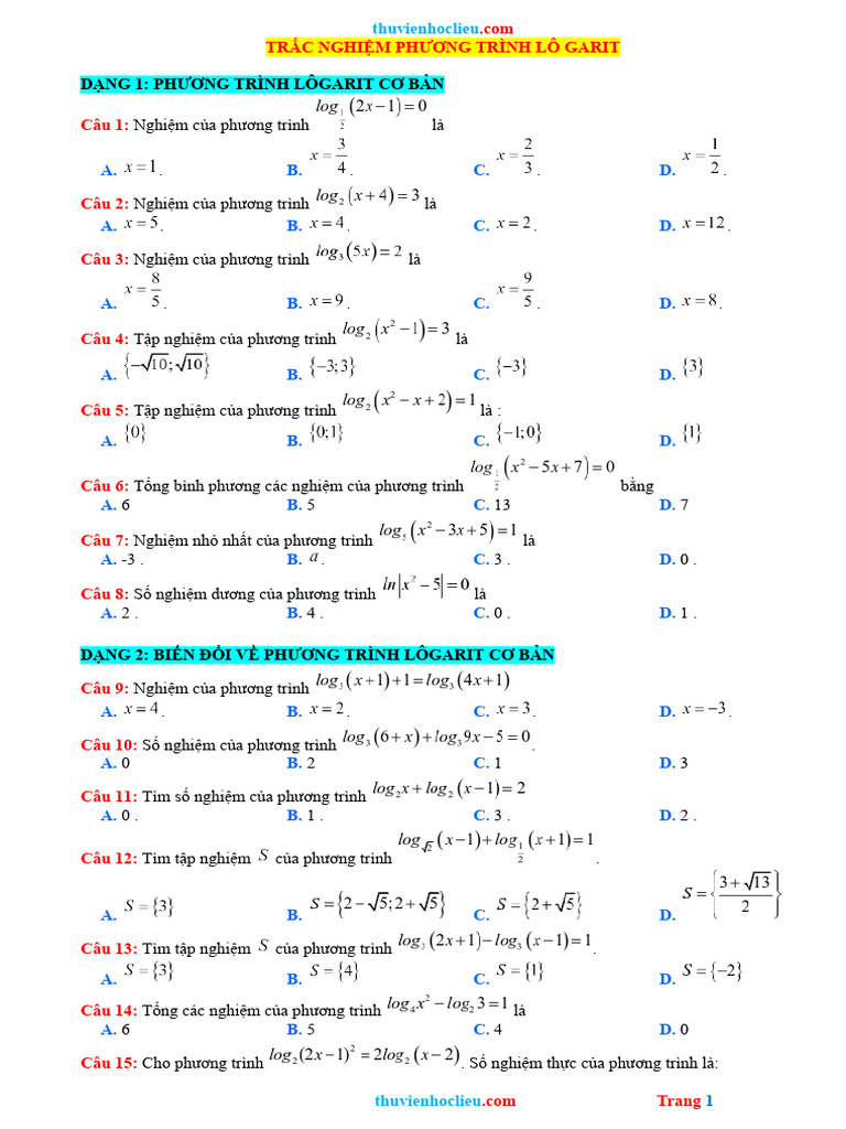 40 Cau Trac Nghiem PT Logarit | PDF