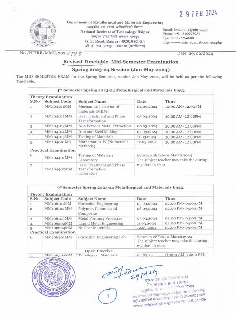 Revised Timetable-Mid-Semester Examination Spring 2023-24 Session (Jan-May 2024) | PDF ...