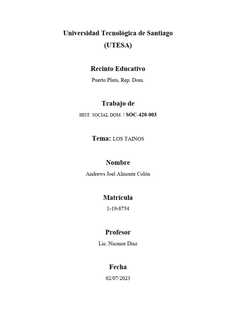 Los Tainos - Hist. Social Dom. | PDF | Pueblos Indígenas de las Américas