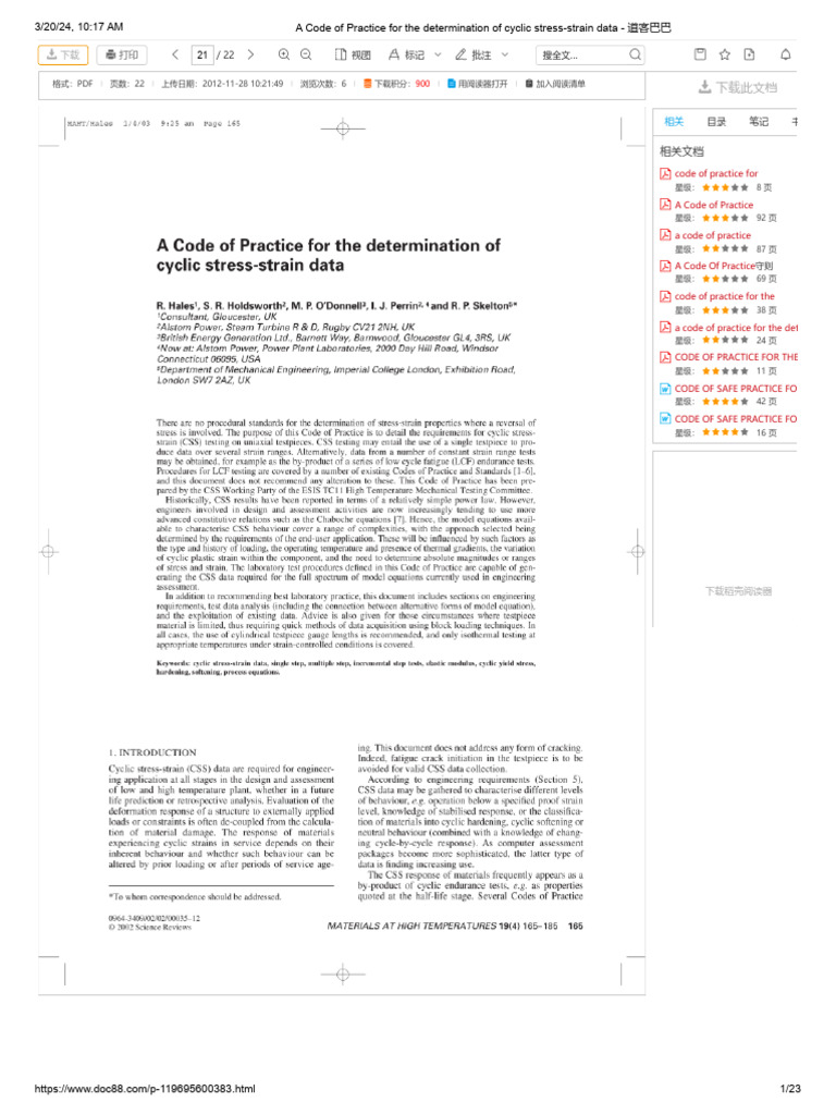 A Code of Practice for the determination of cyclic stress-strain data | PDF