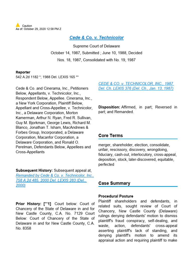 1988 Cede Co V Technicolor Inc 542 A2d 1182 | PDF | Legal Remedy | Lawsuit