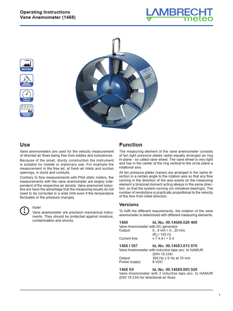 Use Function: Operating Instructions Vane Anemometer (1468) | PDF ...