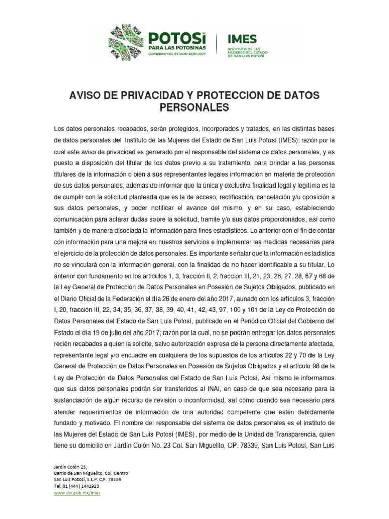 Aviso de Privacidad y Proteccion de Datos Personales Imes | PDF | Privacidad | Justicia