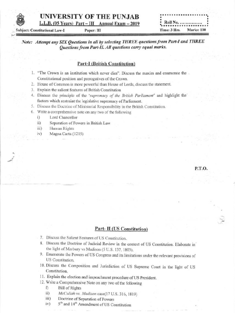 Past Paper University of The Punjab Constitutional Law LLB P-III 5year ...
