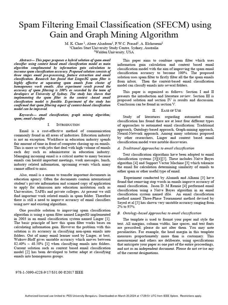 Spam Filtering Email Classification Sfecm Using Gain And Graph Mining Algorithm Pdf