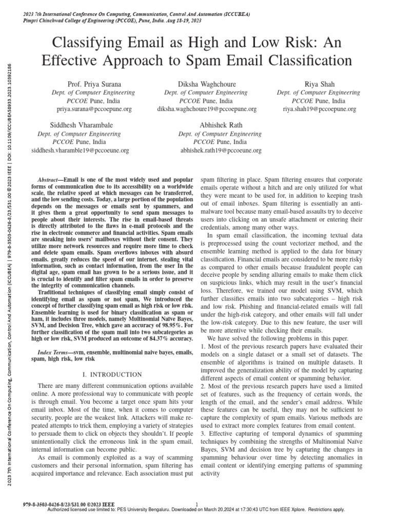 Classifying Email As High and Low Risk An Effective Approach To Spam ...