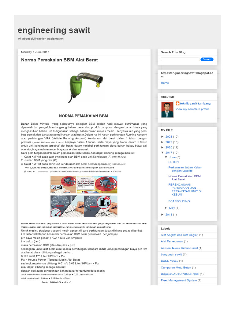Engineering Sawit - Norma Pemakaian BBM Alat Berat | PDF