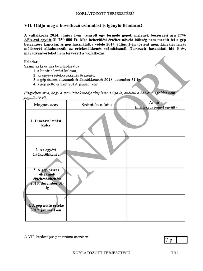 VII. Oldja Meg A Következő Számolást Is Igénylő Feladatot!: Megnevezés ...