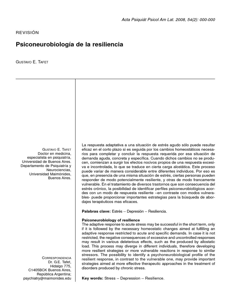 Psiconeurobiología D Ela Resiliencia | PDF | Estrés (biología) | Eje hipotalámico pituitario adrenal