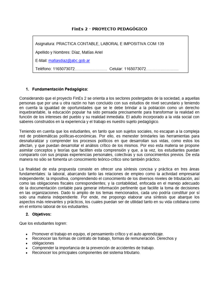 Proyecto PRACTICA CONTABLE, LABORAL E IMPOSITIVA Ezeiza 1 CUAT 2024 | PDF | Contabilidad | Pedagogía