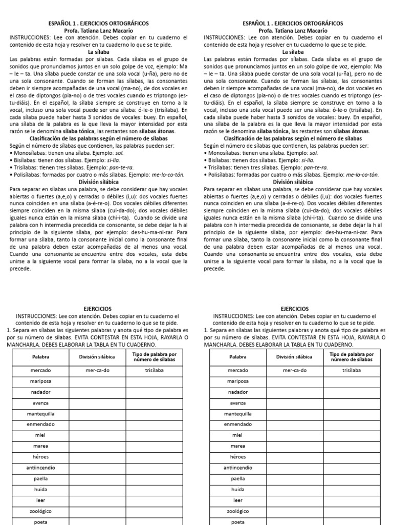 Ejercicios de División Silábica | PDF | Sílaba | Vocal