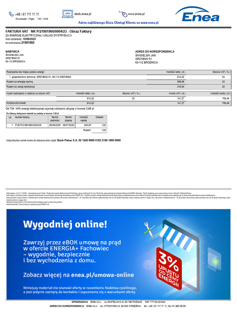 FAKTURA VAT NR P/21981960/0004/23 - Obraz Faktury: Adres Najbliższego Biura Obsługi Klienta Na ...