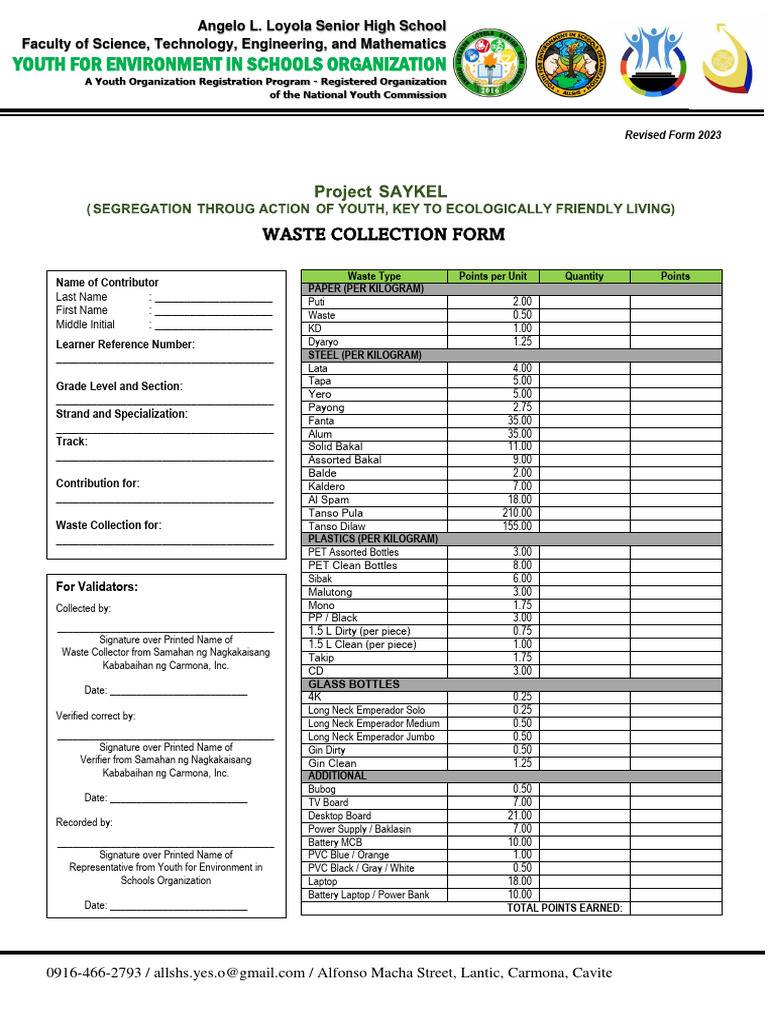 YES O Waste Collection Form Revised 2023 | PDF