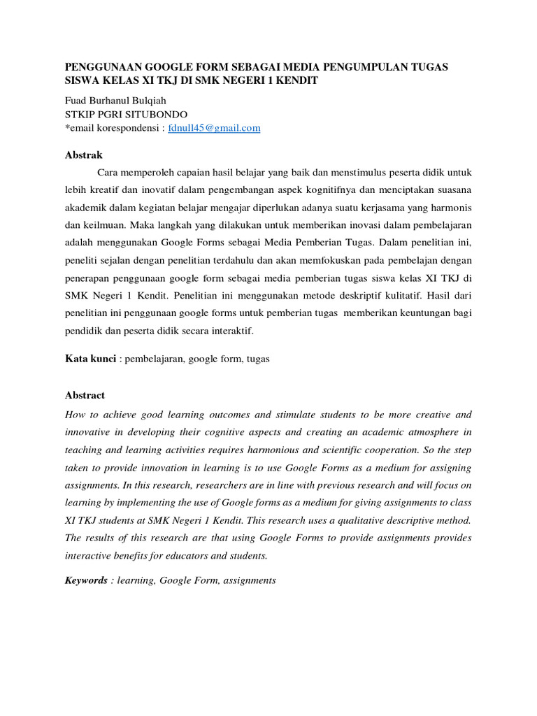 Penggunaan Google Form Sebagai Media Pengumpulan Tugas Siswa Kelas Xi TKJ Di SMK Negeri 1 Kendit ...