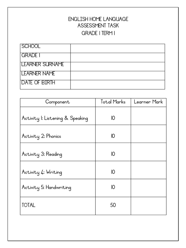 Assessment Task EHL 2023 Grade 1 Term 1 | PDF